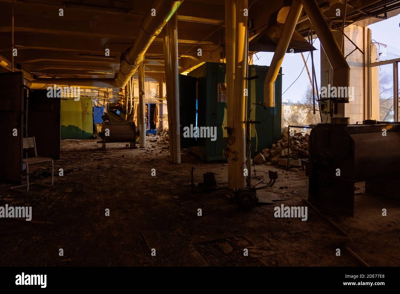 Ruined factory interior. Consequences of disaster, war or demolition ...