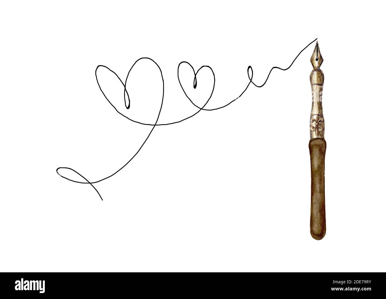 Hand drawn two hearts with old-fashioned fountain pen isolated on white ...