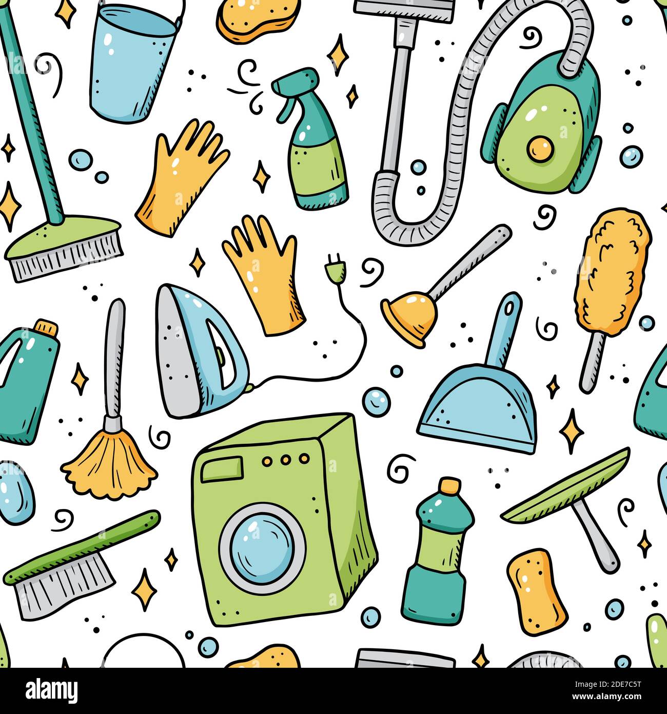 Hand drawn seamless pattern of cleaning equipments, sponge, vacuum ...