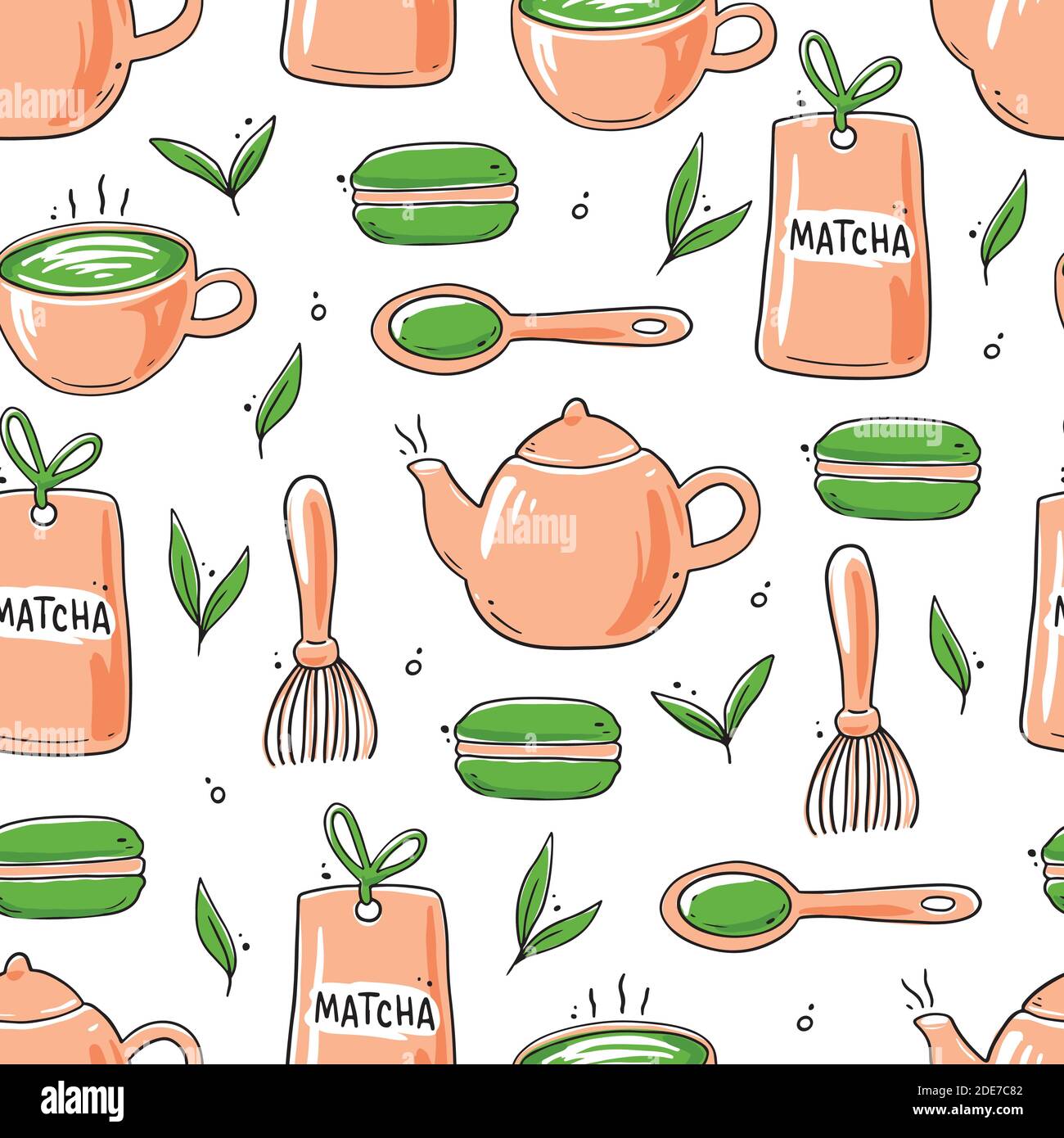 Seamless pattern of hand drawn matcha tea ingredient and traditional ...