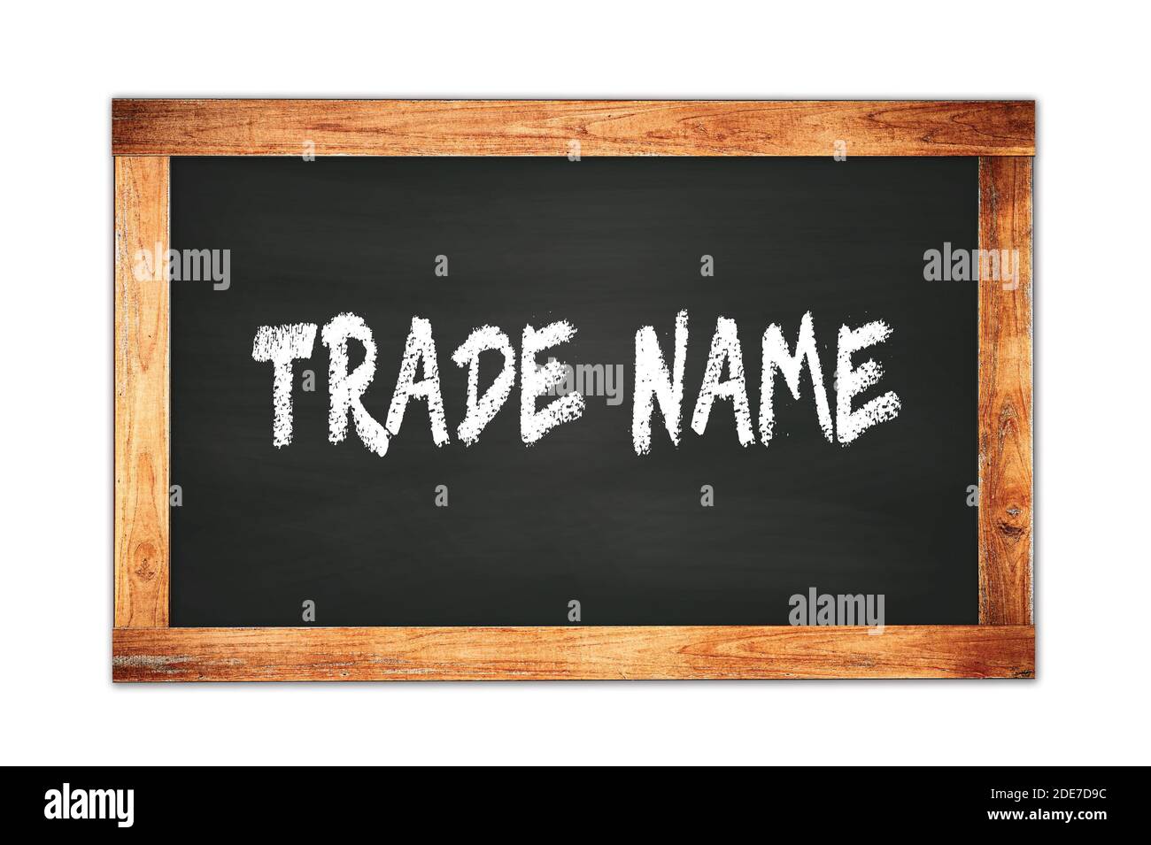 TRADE NAME text written on black wooden frame school blackboard Stock ...