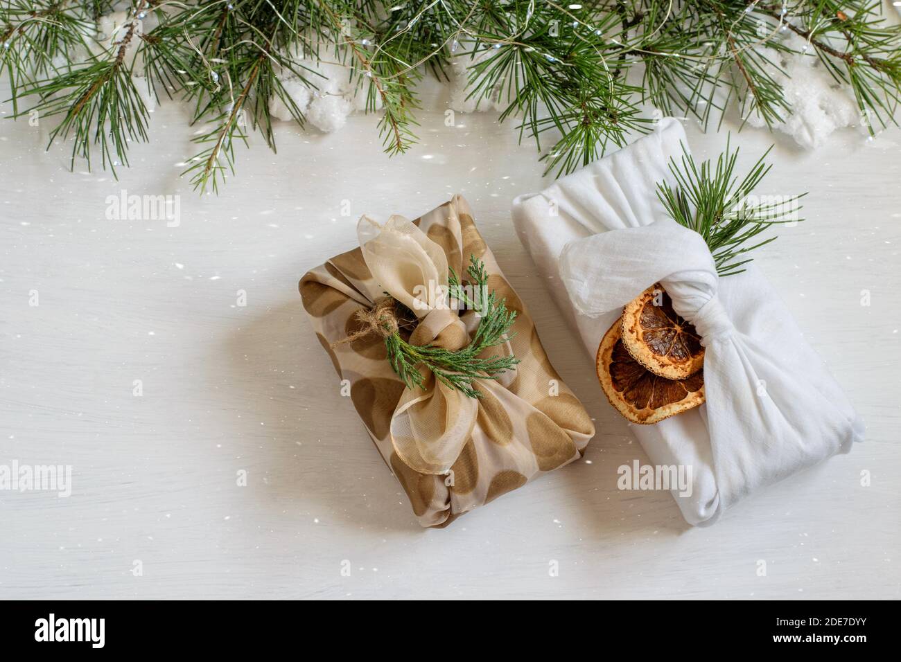 Handmade christmas gift boxes wrapped in textile cloth in japanese ...