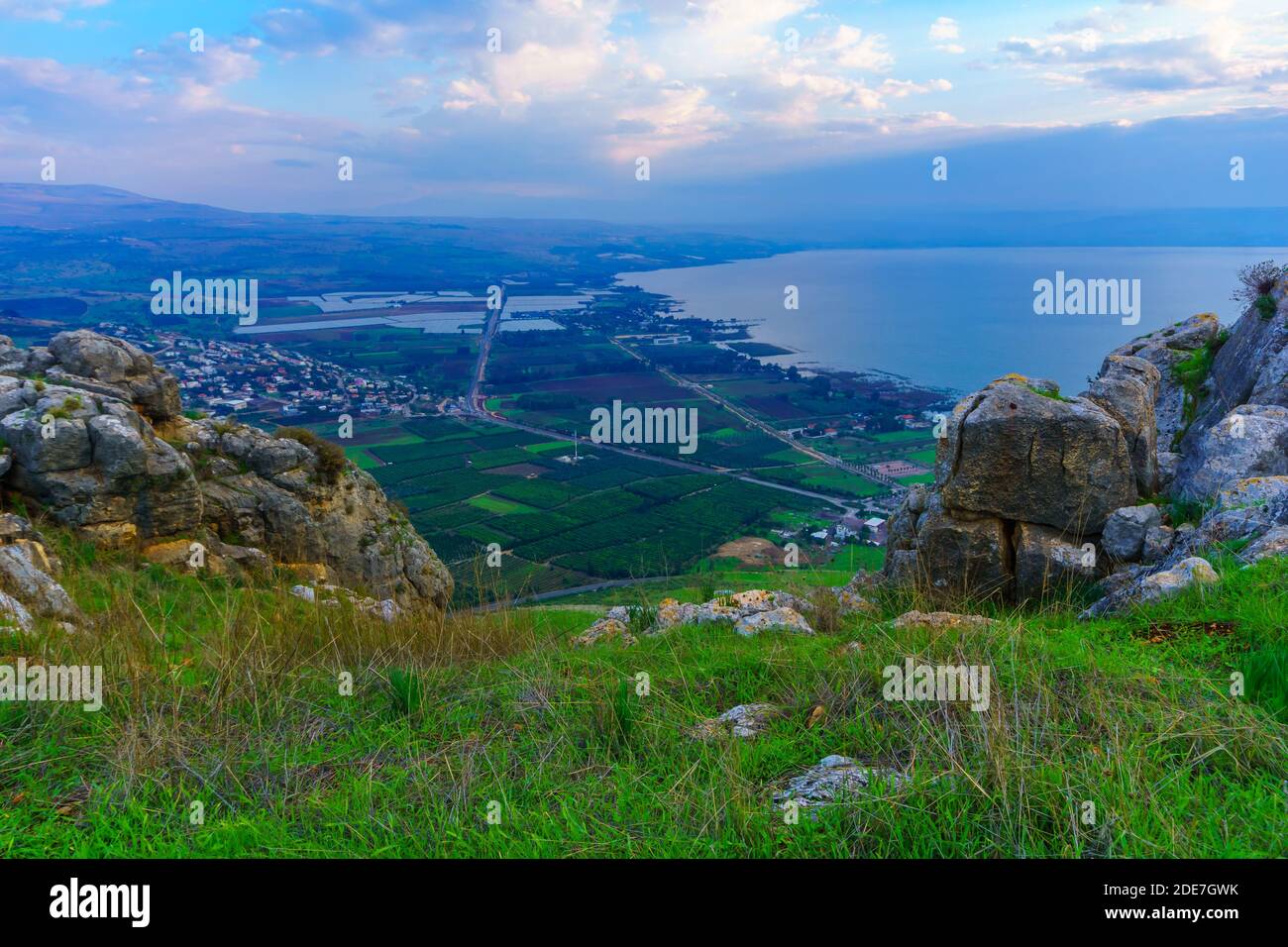 Morning view of the north part of the Sea of Galilee, and the village ...