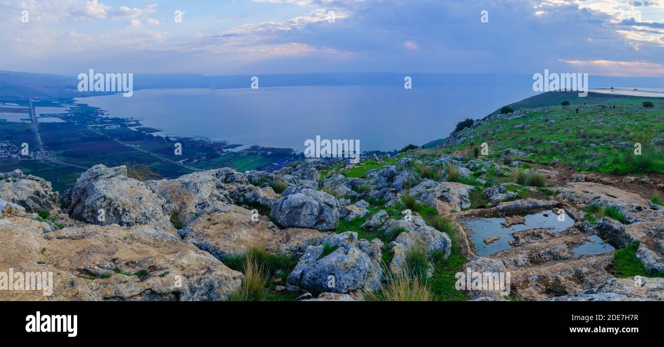 Panoramic morning view of the Sea of Galilee, from the west (mount ...