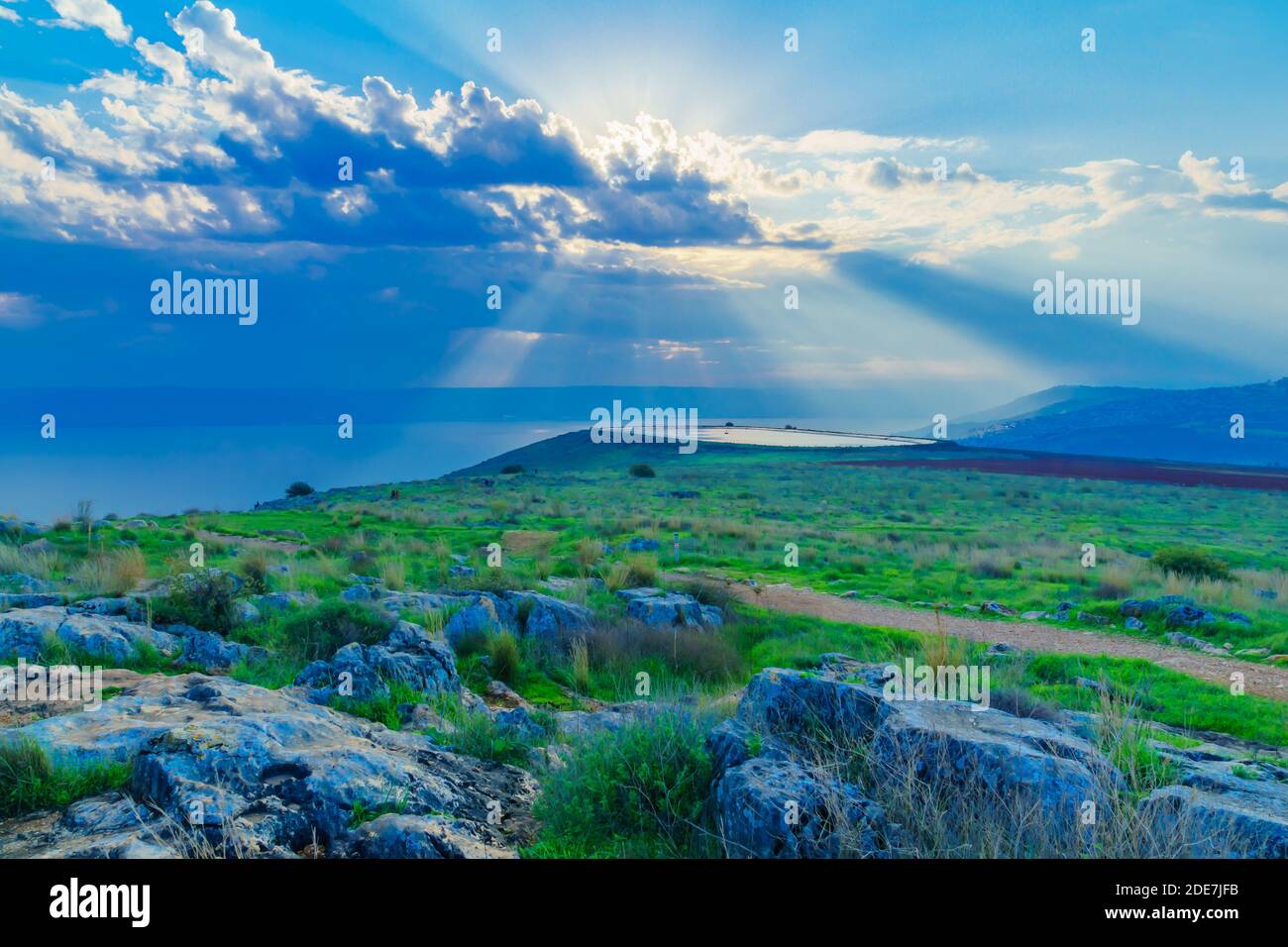 Morning view of the Sea of Galilee, with Sun beams, from the west ...