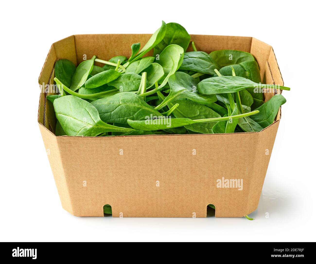 cardboard box fresh green spinach leaves isolated on white background ...