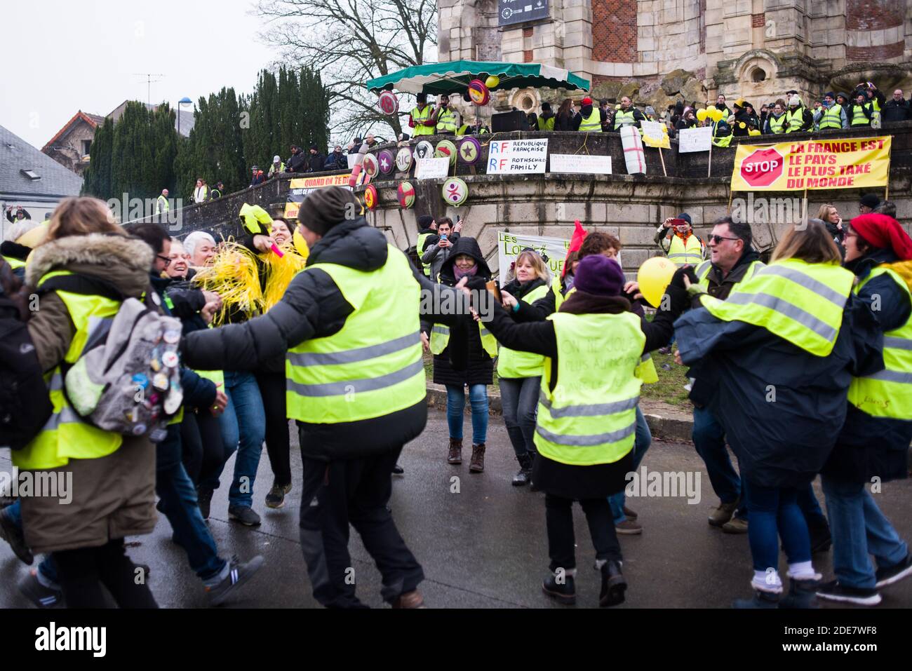 People dances during a yellow vests demonstration in Bourges, France ...