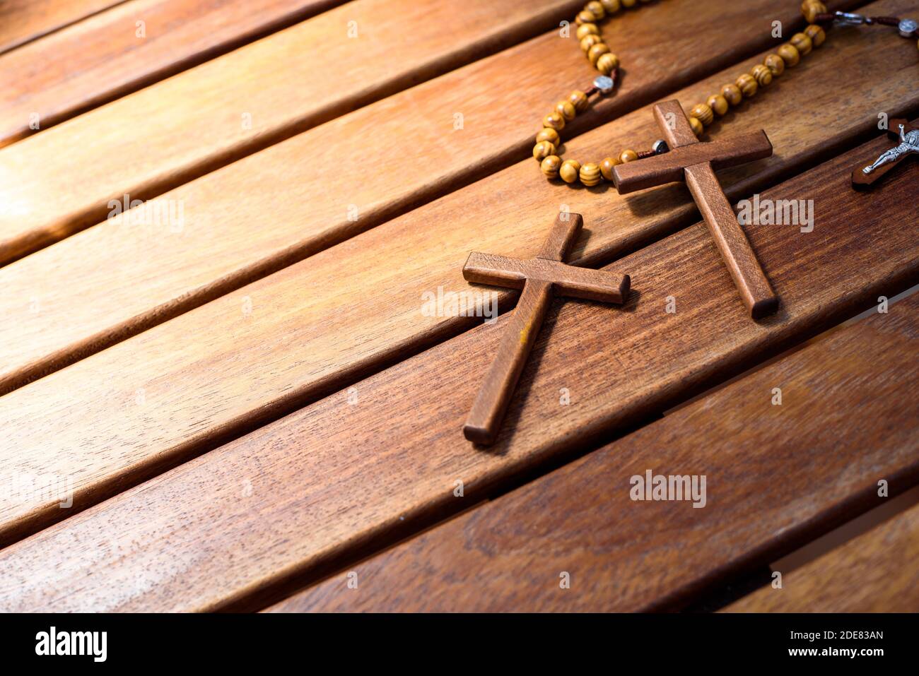 Christian symbols for religious believers, wooden background Stock ...