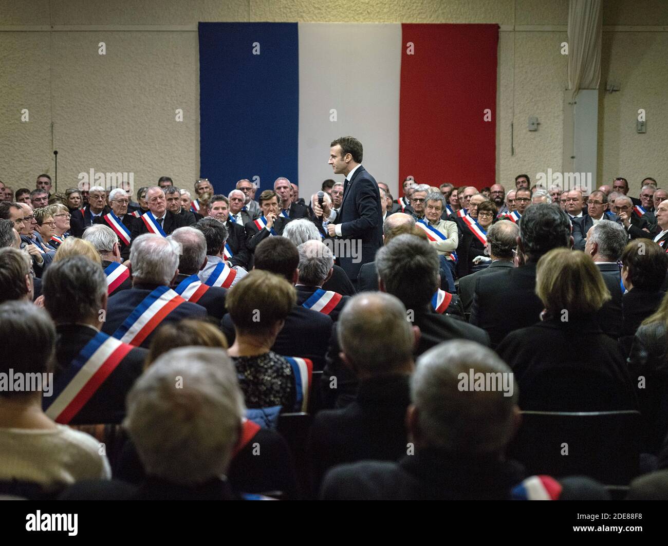 French President Emmanuel Macron speaks during a meeting attended by ...
