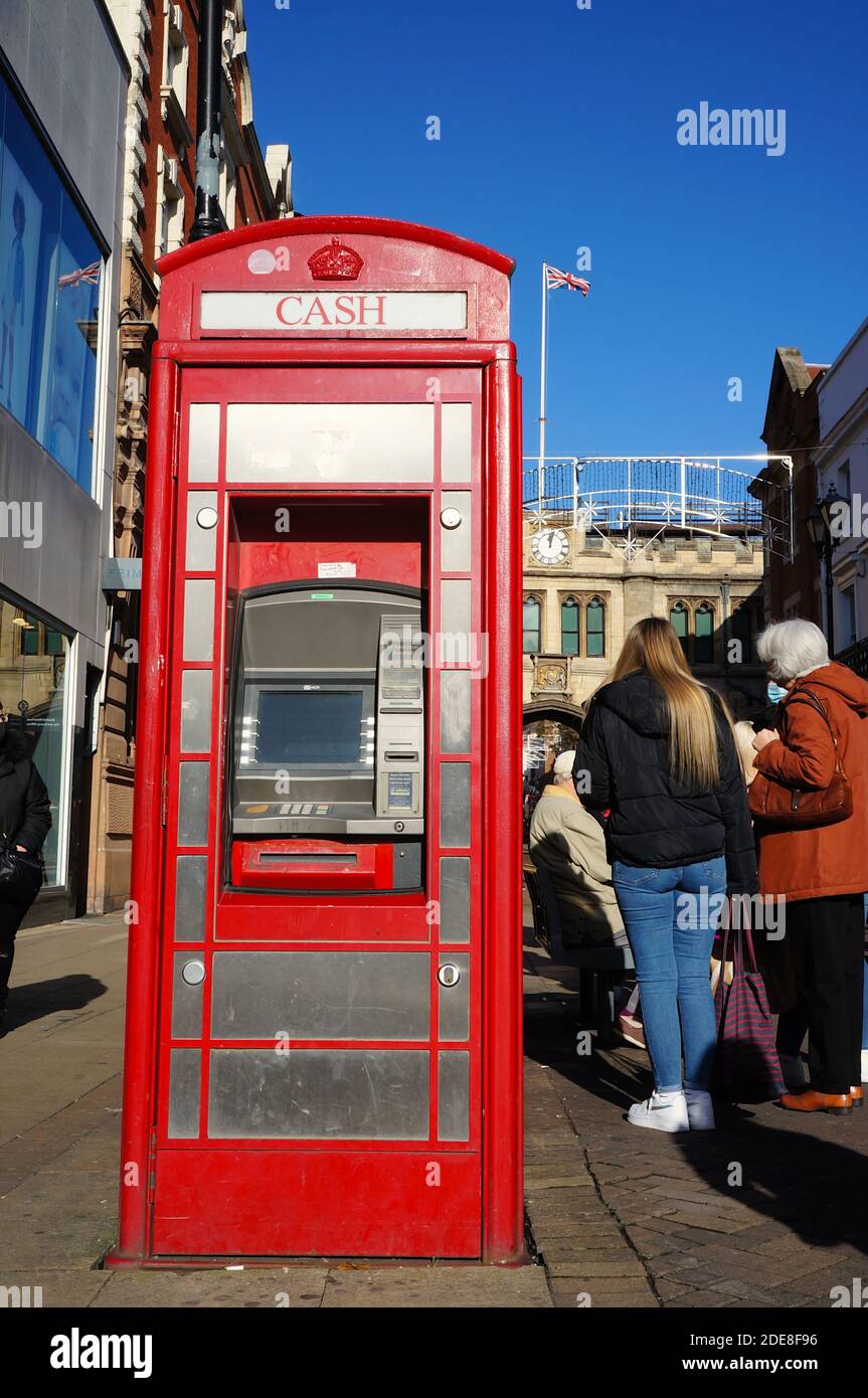 an ATM cash machine built in to an old British telephone box in.Lincoln ...