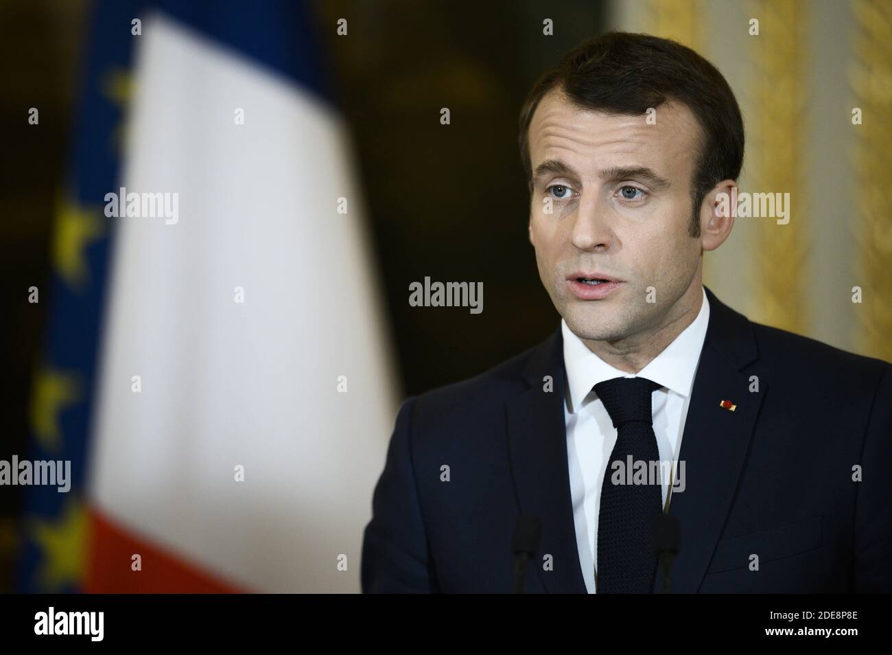French President Emmanuel Macron delivers a speech after a meeting with ...
