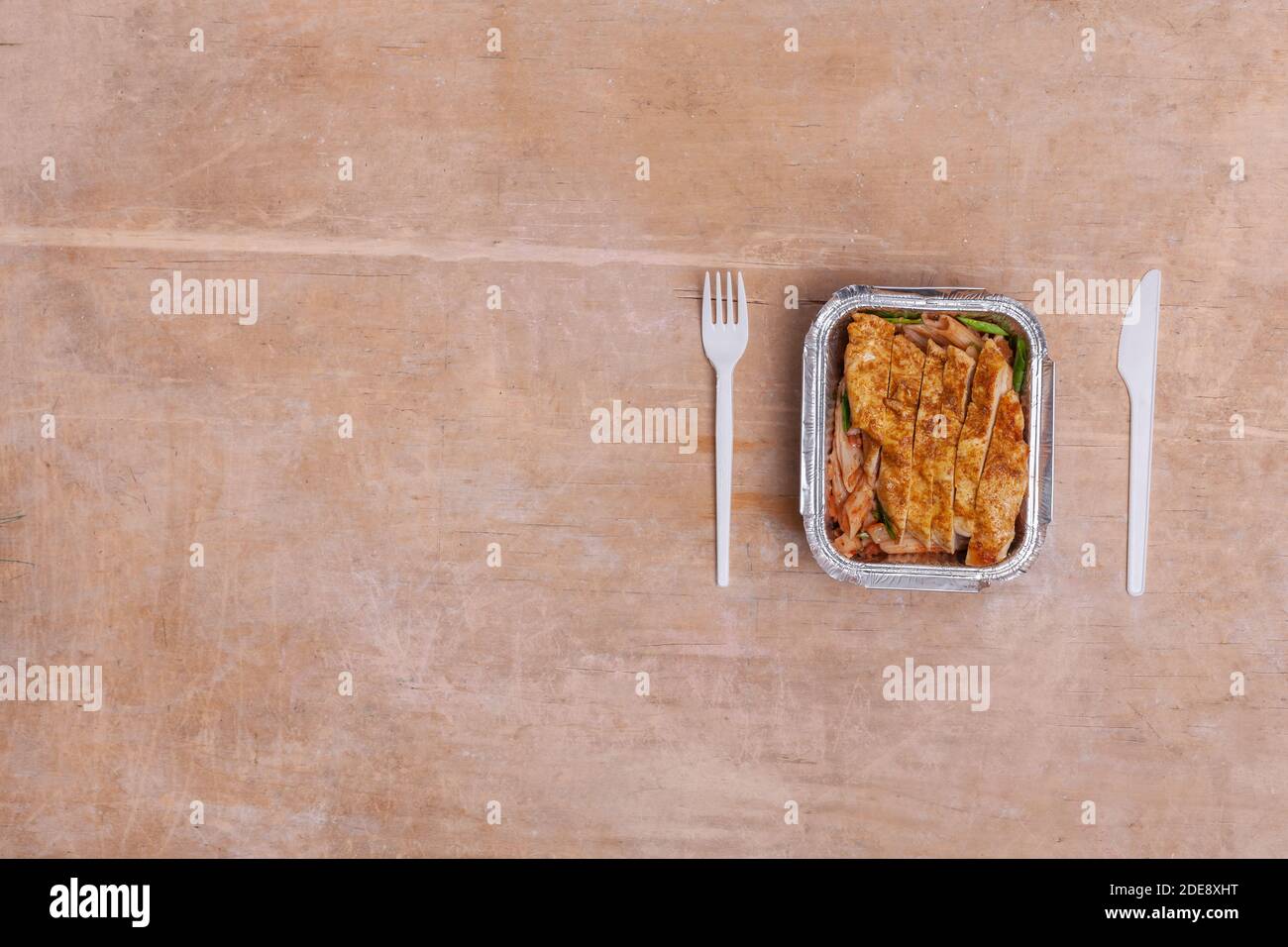 healthy food delivery and top view of roasted meat chicken in takeaway ...