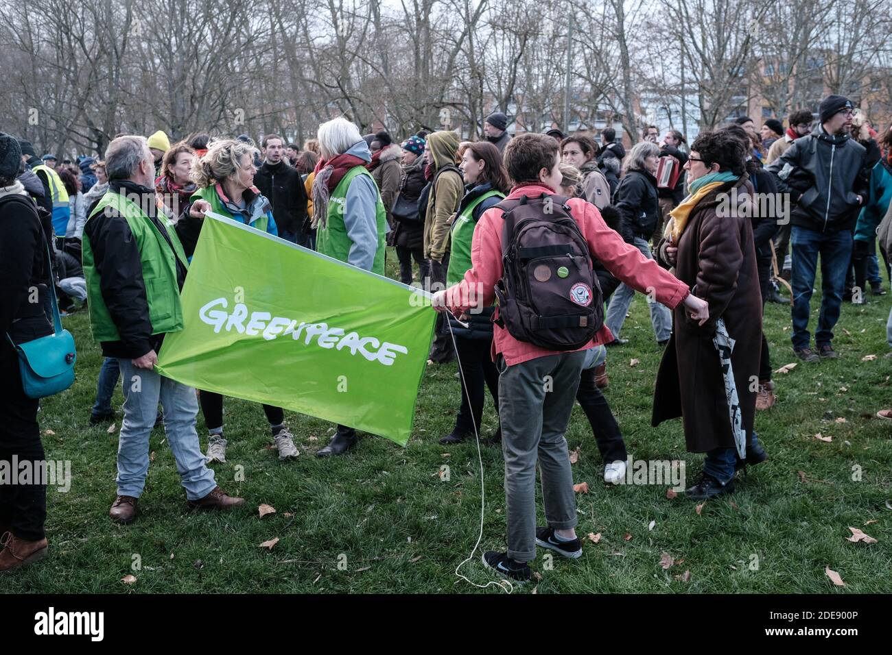 Greenpeace banner. The march for the climate and against global warming ...