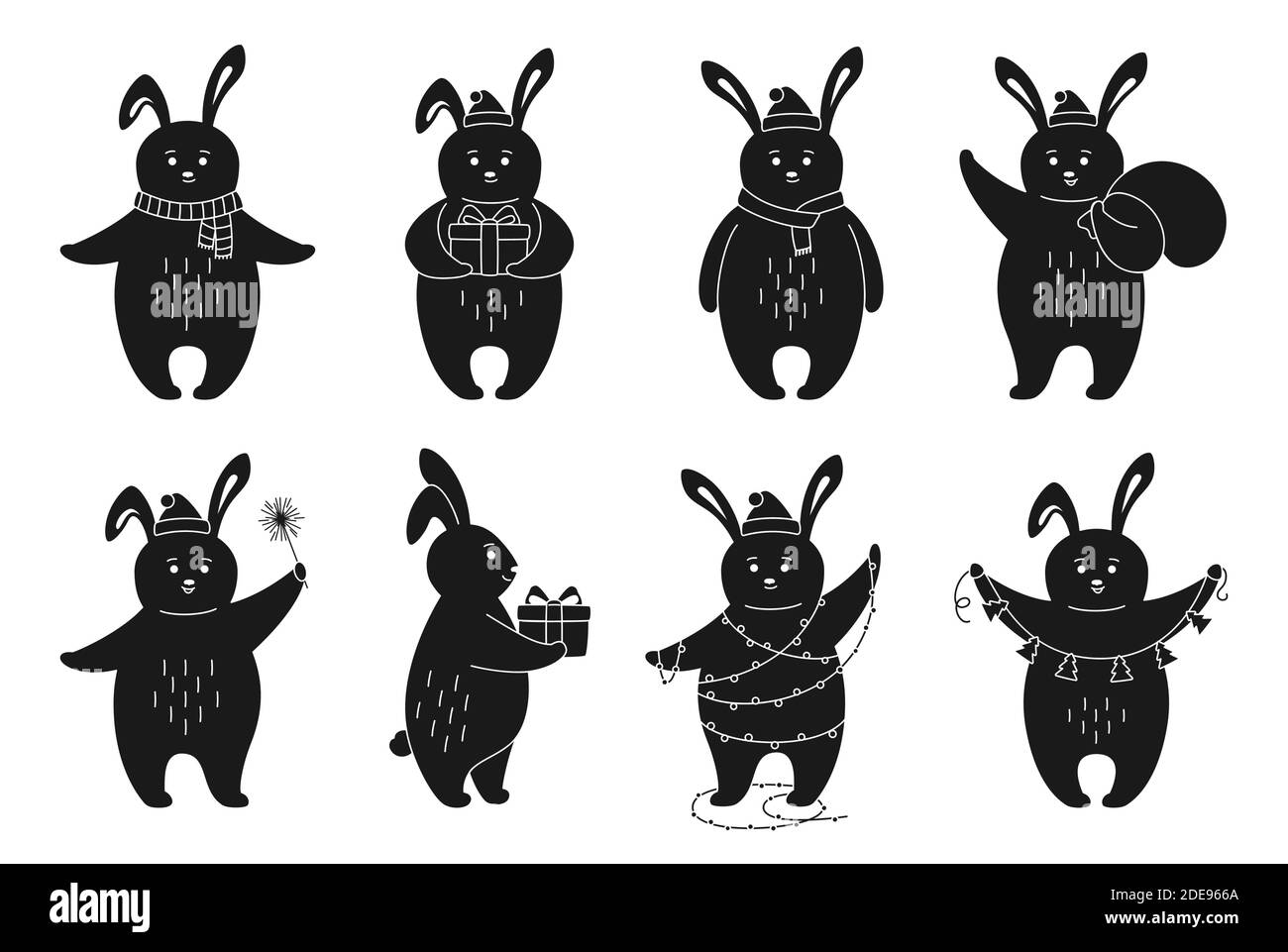 Christmas rabbit black glyph cartoon set. Outline cute hare with gift ...