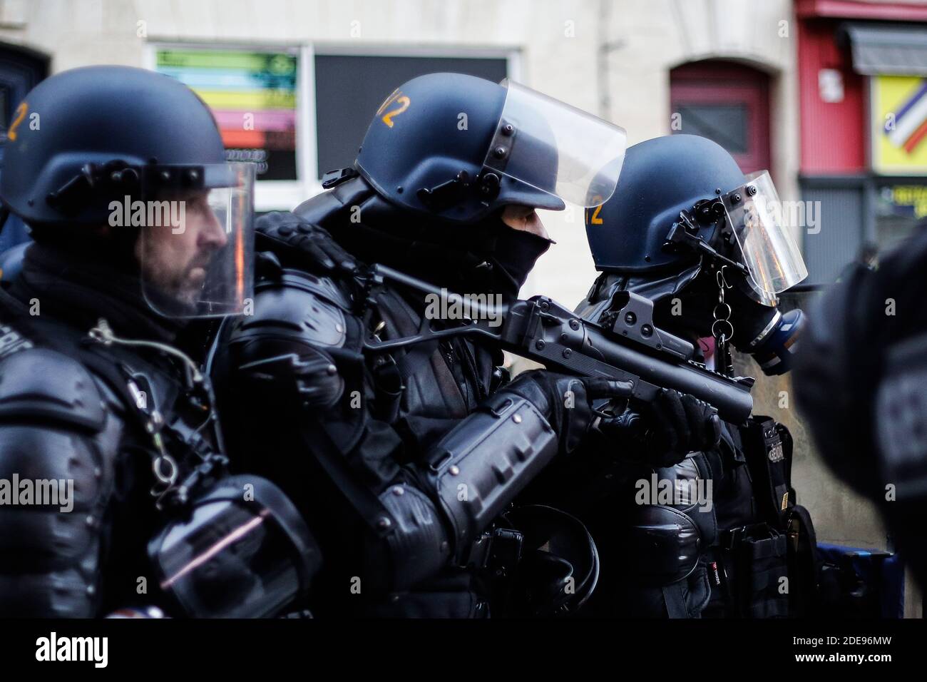 People from the yellow vest movement protest in Bordeaux during the act ...