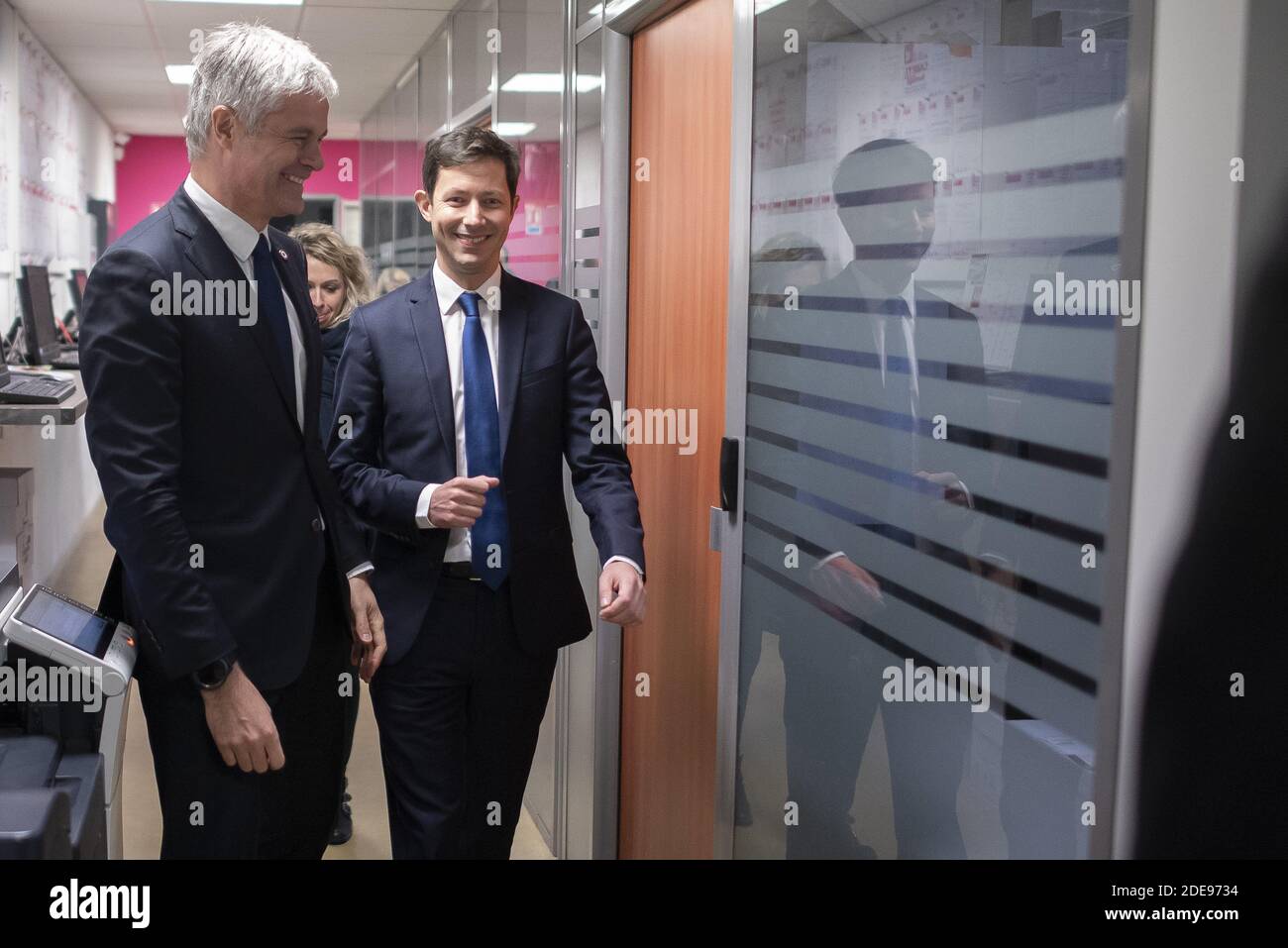 Laurent Wauquiez and Francois-Xavier Bellamy during a visit to a paint ...