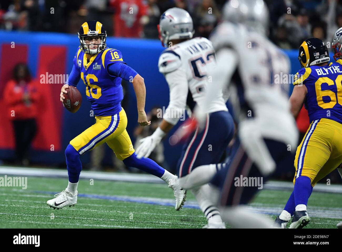 Jared Goff in action during the Super Bowl LIII at Mercedes-Benz ...