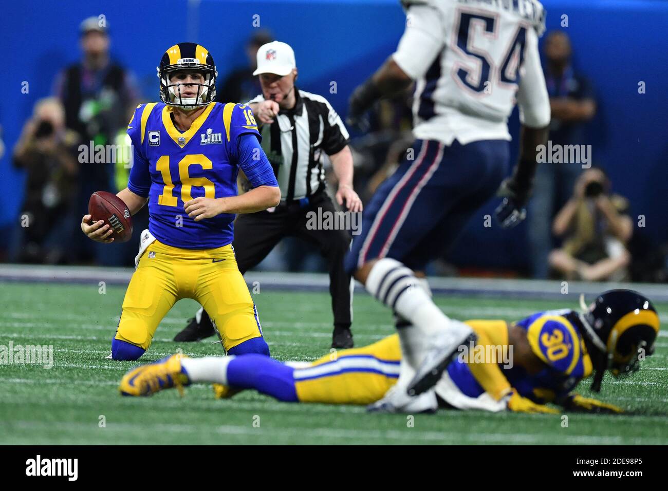 Jared Goff in action during the Super Bowl LIII at Mercedes-Benz ...