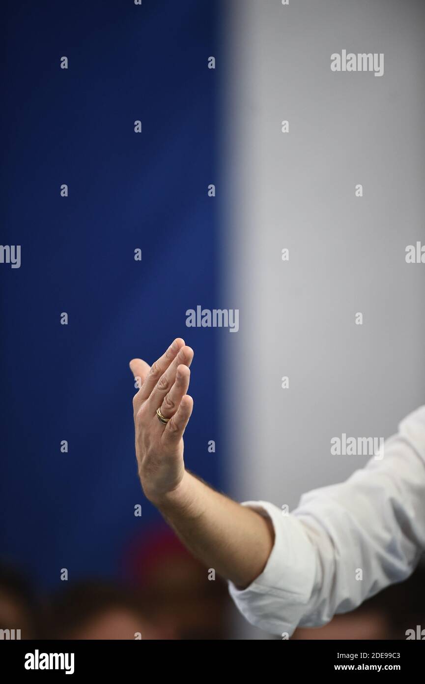 French president Emmanuel Macron delivers a speech during a meeting as ...
