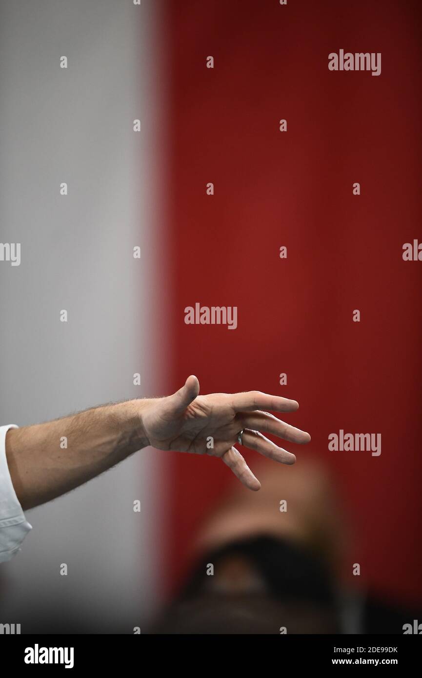 French president Emmanuel Macron delivers a speech during a meeting as ...