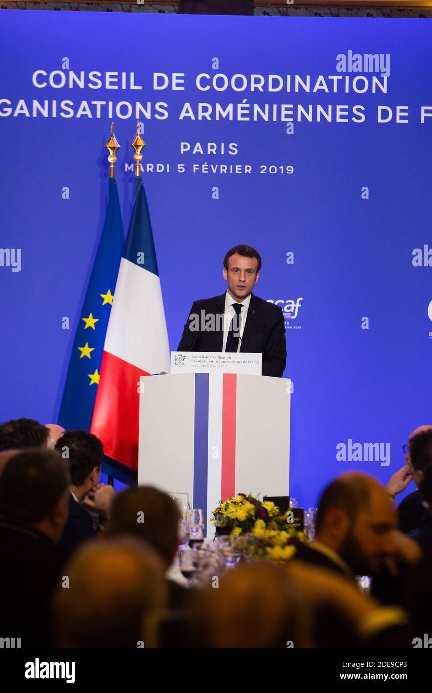 French president Emmanuel Macron delivers a speech at the annual dinner ...