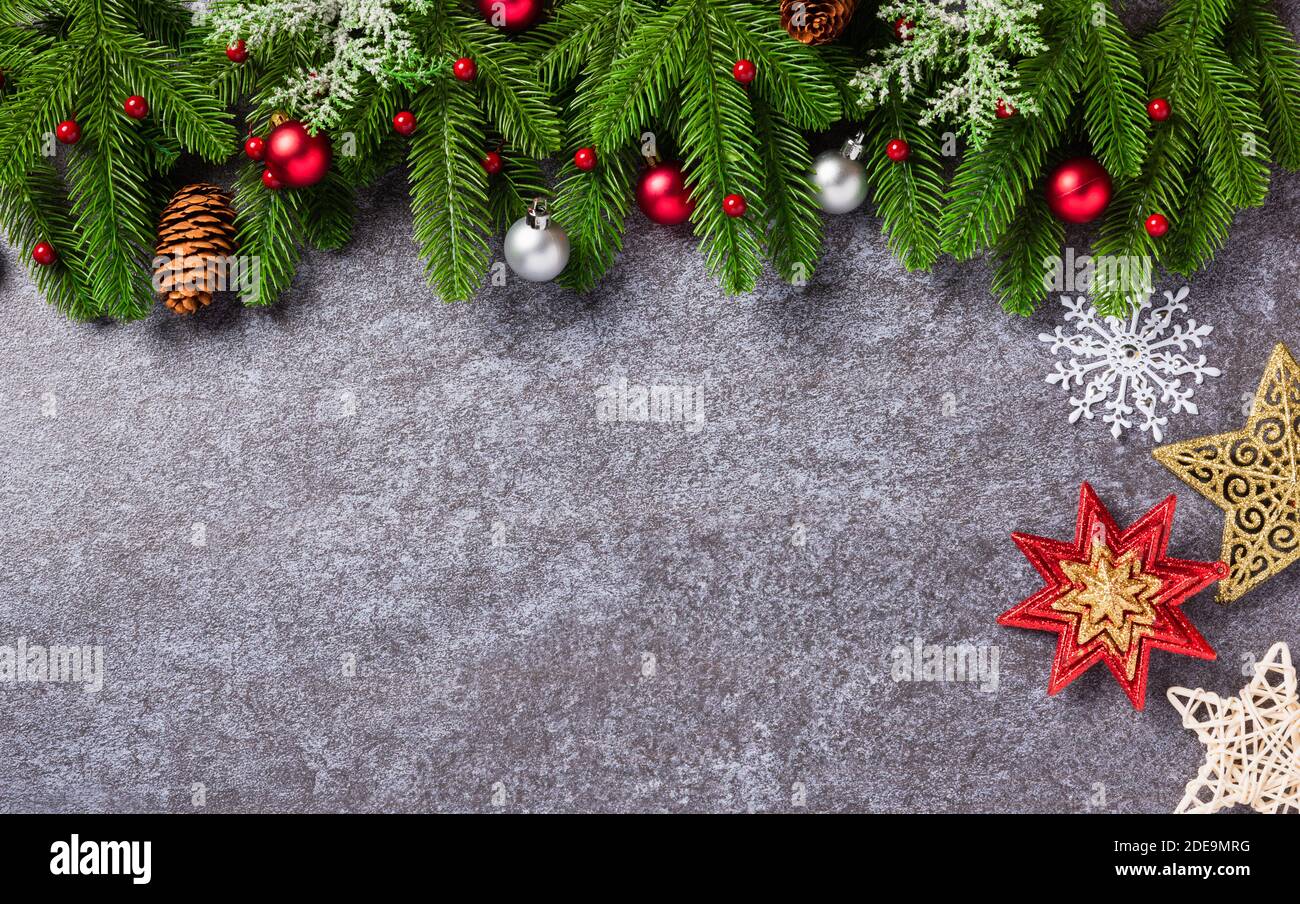 Christmas border decorations holiday, Top view from above green fir ...