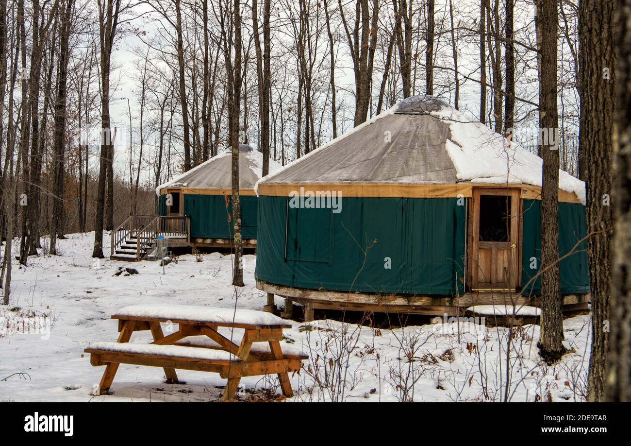Yurt with snow with trees in winter Stock Photo - Alamy