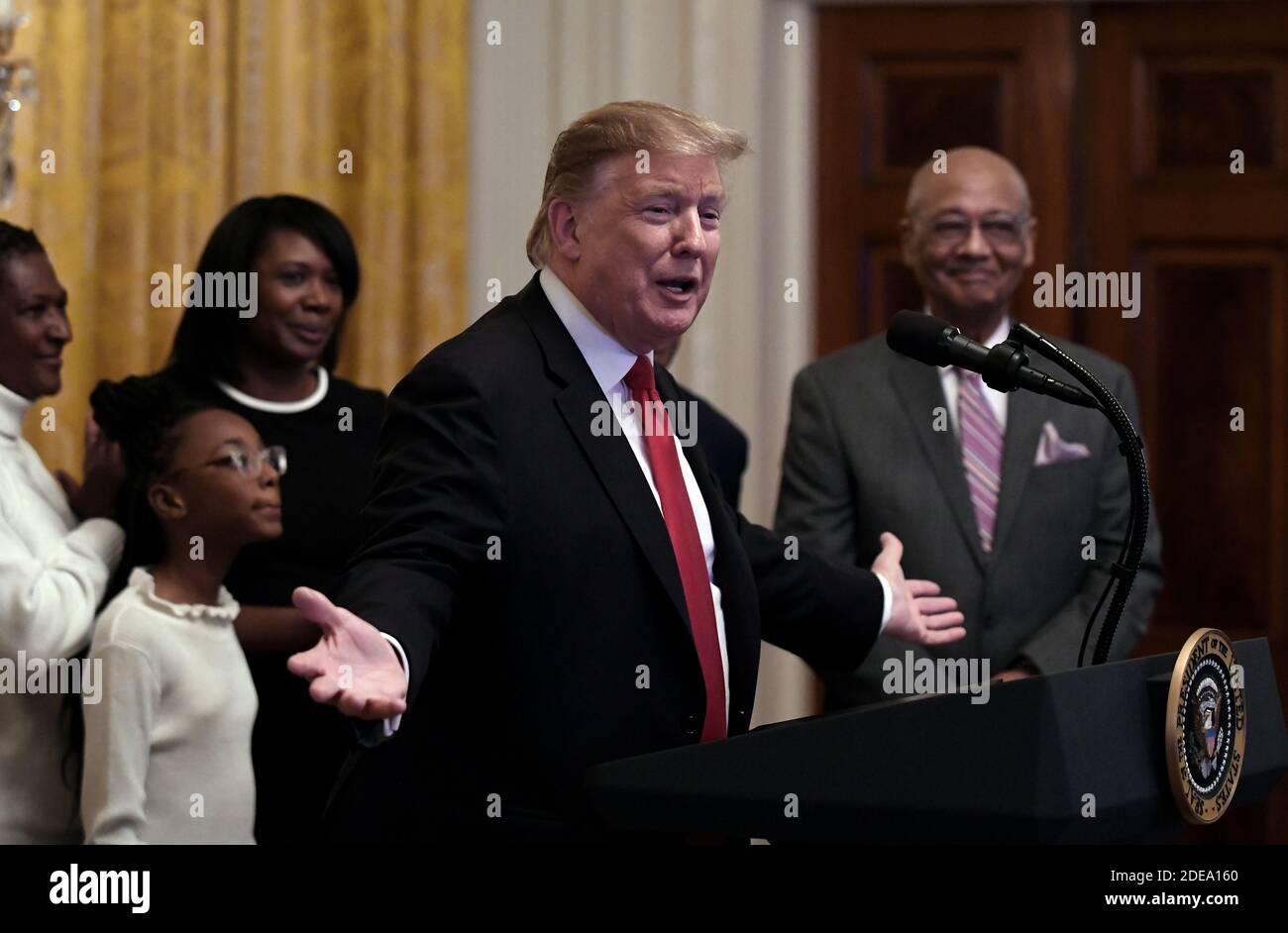 U.S. President Donald Trump speaks during a reception for National ...