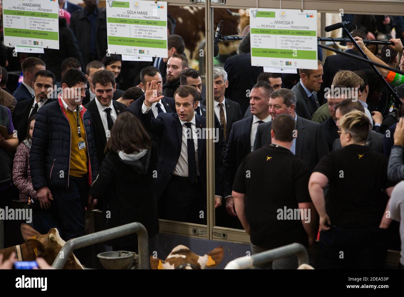 French President Emmanuel Macron in the middle of the crowd next to ...
