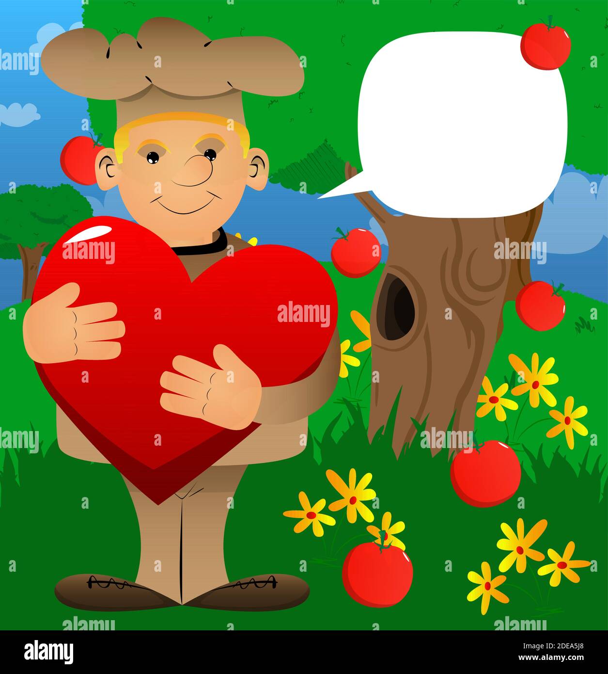 Fat male cartoon chef in uniform hugging big red heart. Vector ...