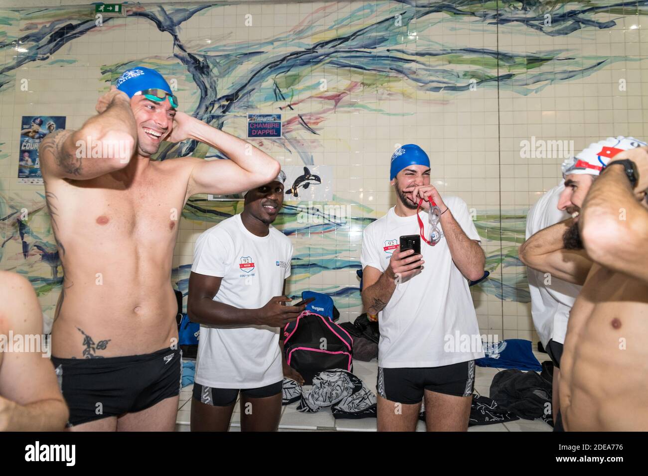 Camille Lacourt (L.), French swimmer, during the Swimming Heroes ...