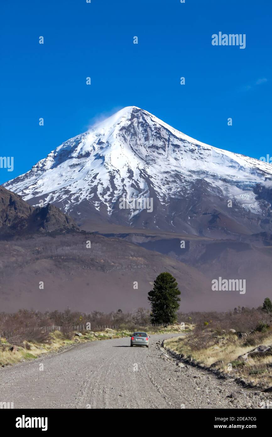 View of the Lanin Volcano from the road to Tromen Lake in Neuquen ...