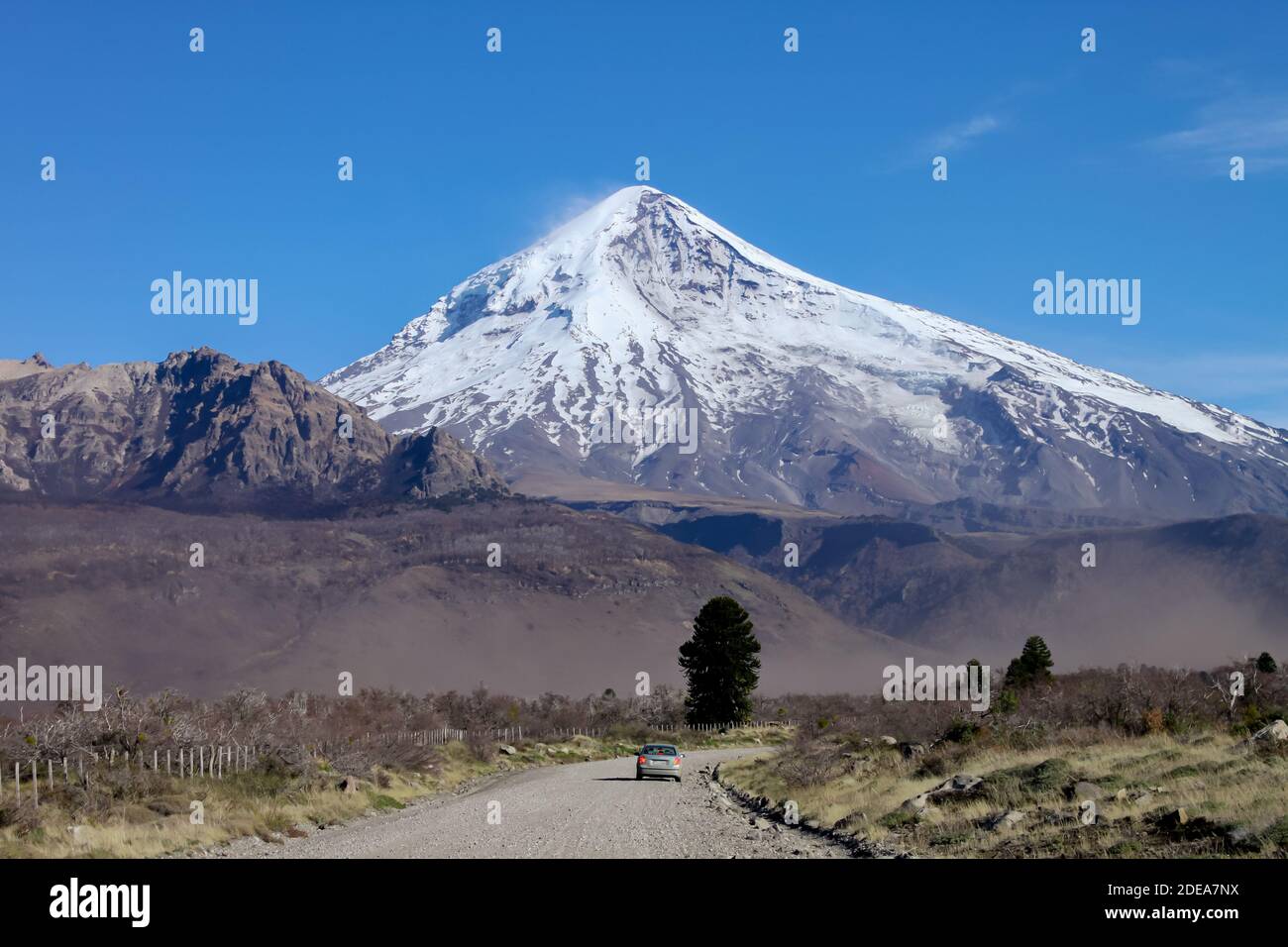 View of the Lanin Volcano from the road to Tromen Lake in Neuquen ...