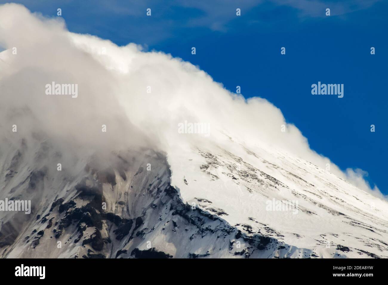 Top of the Lanin Volcano from Lake Tromen in Neuquen, Argentina. This ...