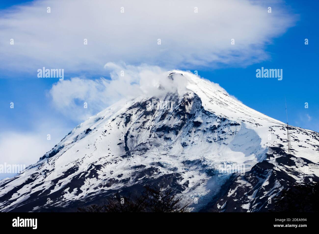 Top of the Lanin Volcano from Lake Tromen in Neuquen, Argentina. This ...
