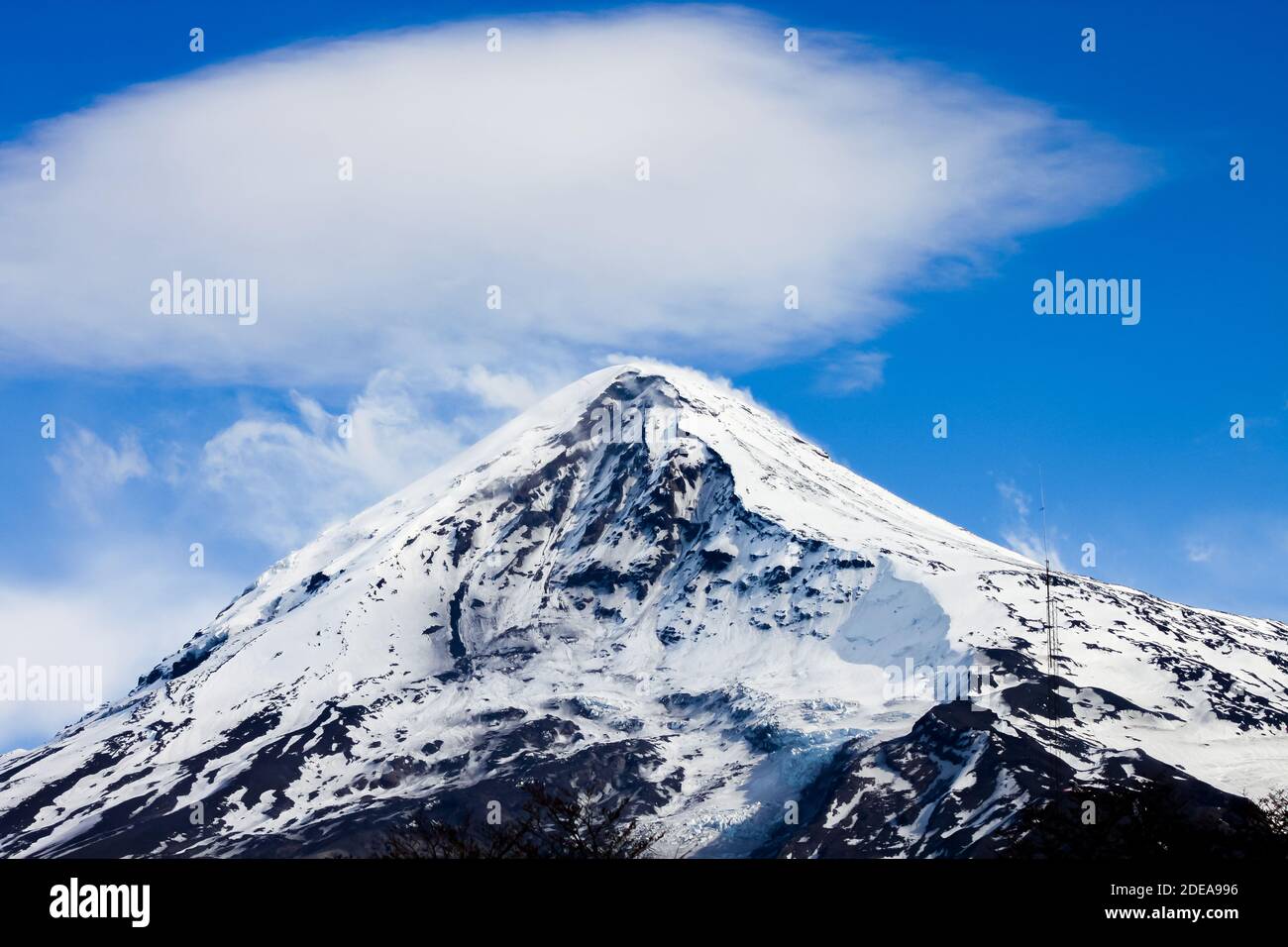 Top of the Lanin Volcano from Lake Tromen in Neuquen, Argentina. This ...