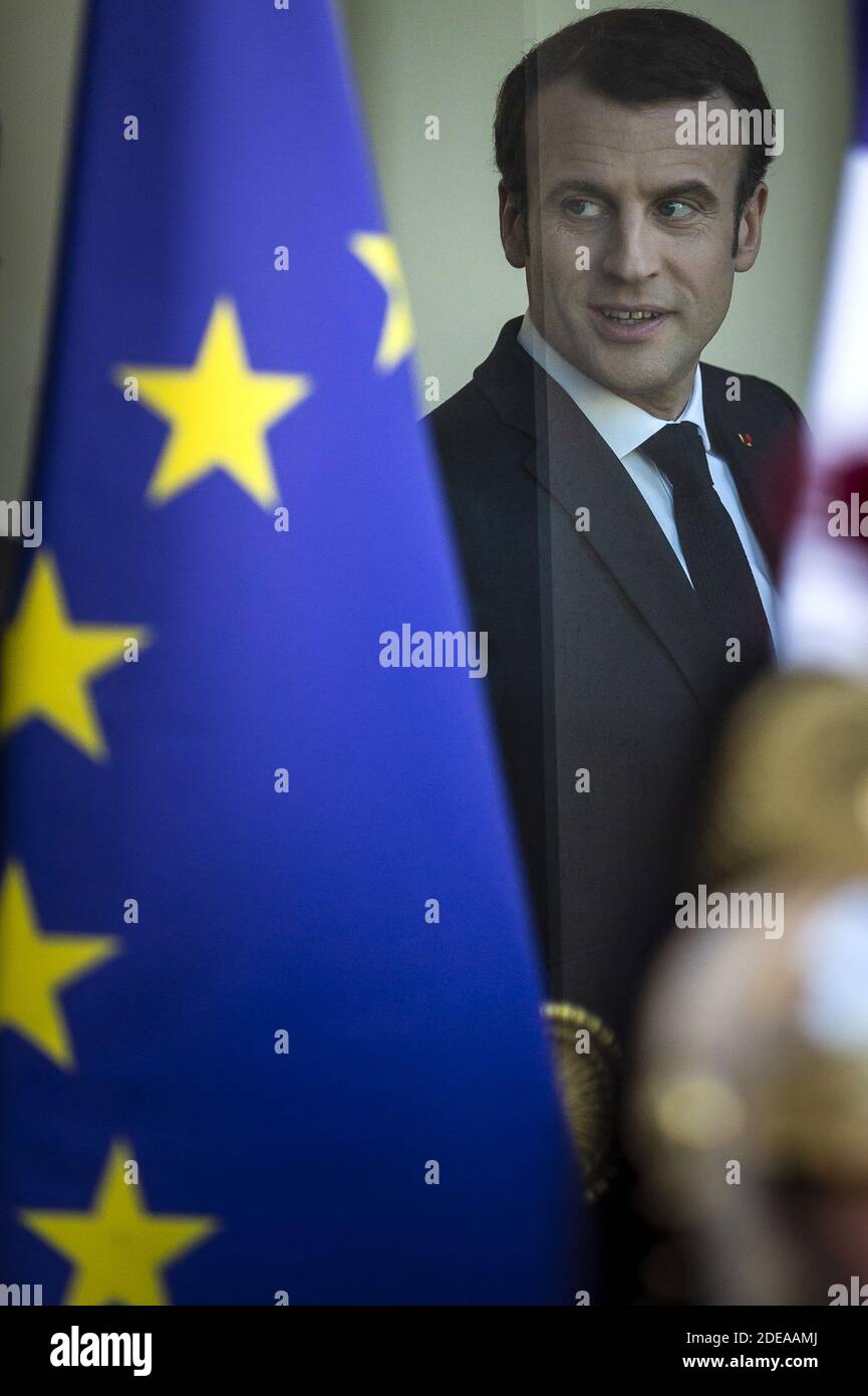 French President Emmanuel Macron with European flag (drapeau europeen) at the Elysee Palace in ...