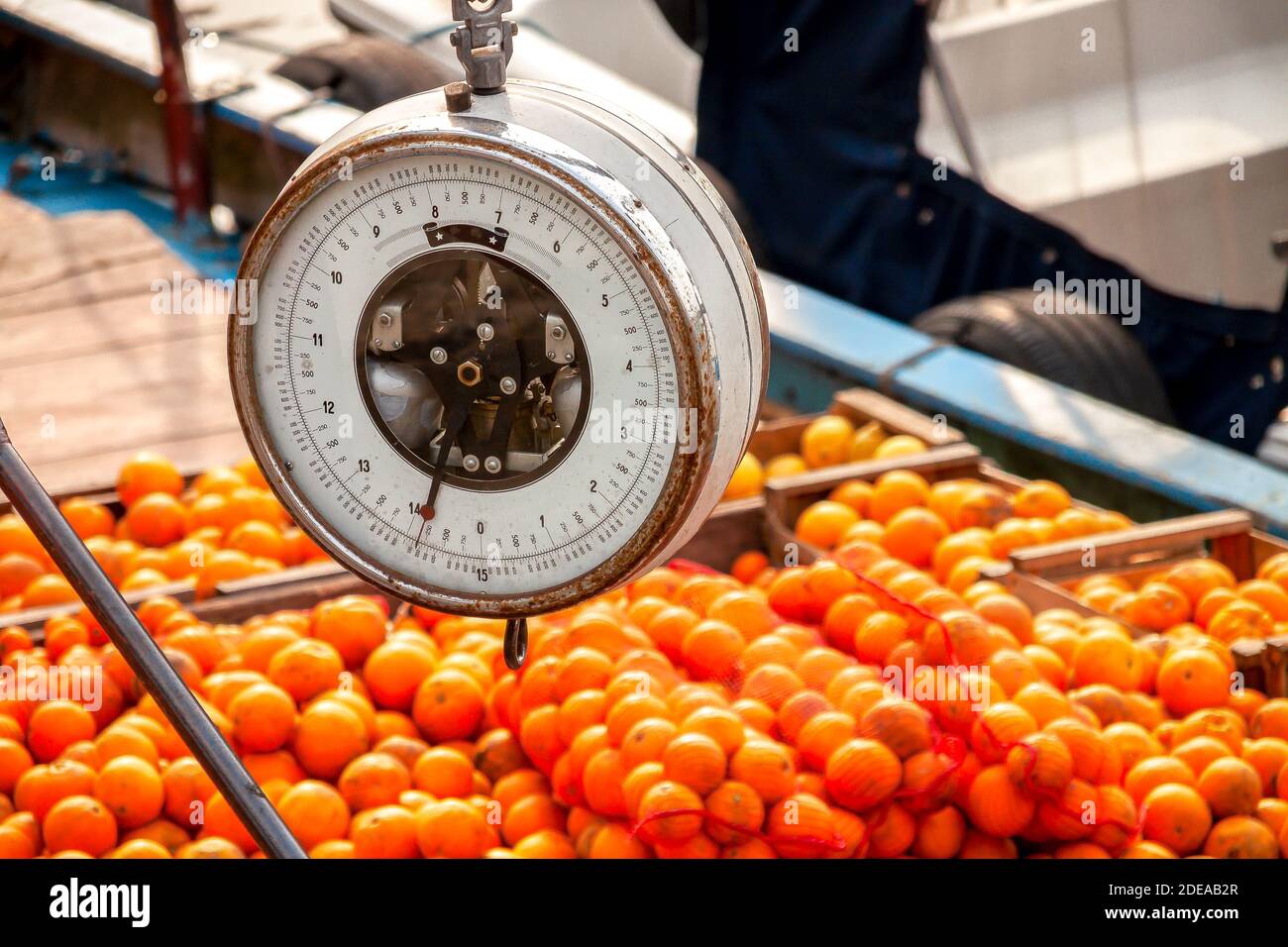 Bunch of oranges in supermarket with one weight scale Stock Photo - Alamy