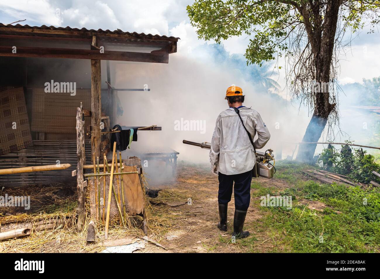 Man fogging mosquito spraying machine to prevent of dengue fever for ...
