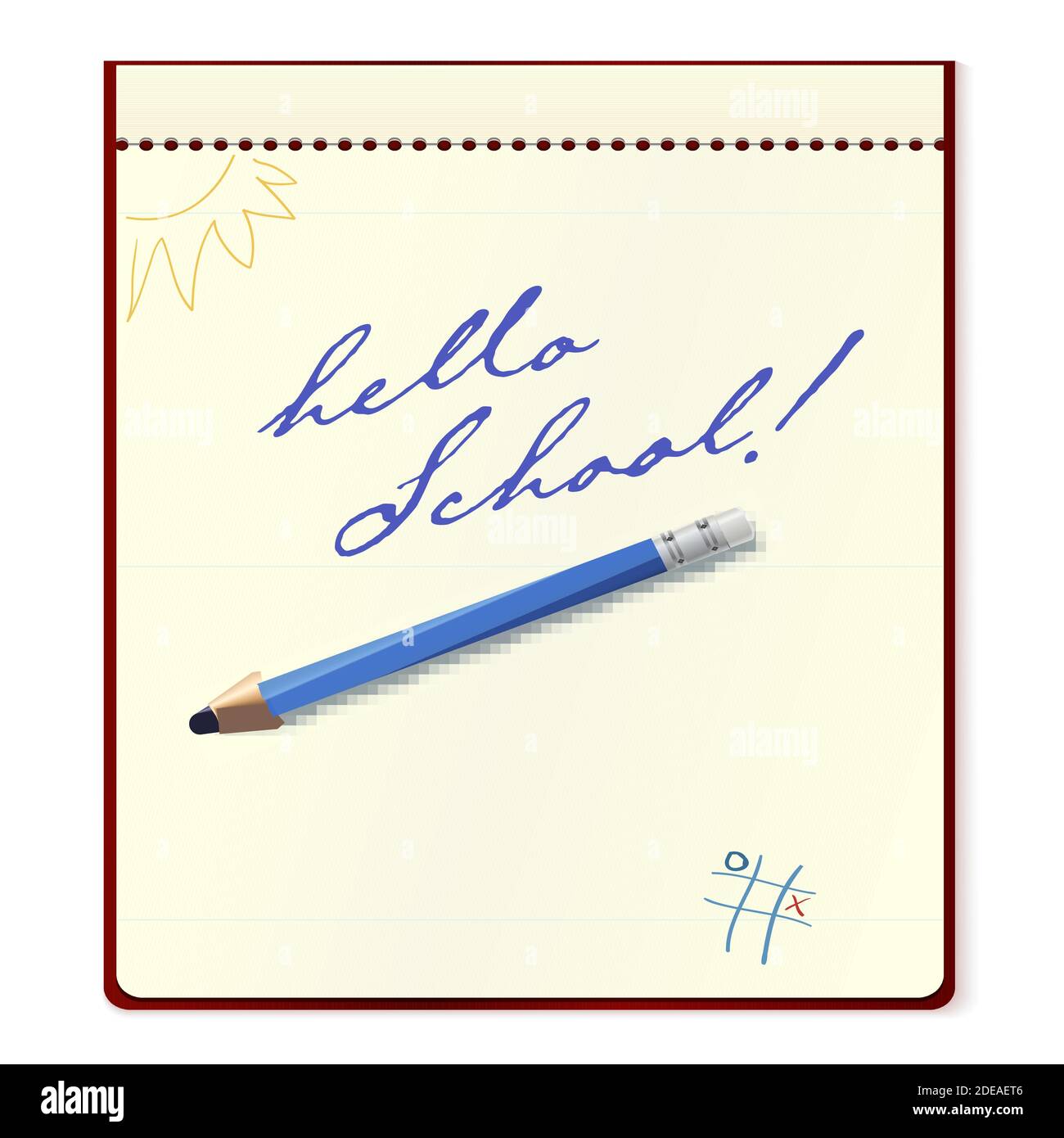 Notebook with pencil. Hello school handwritten inscription and sketch ...