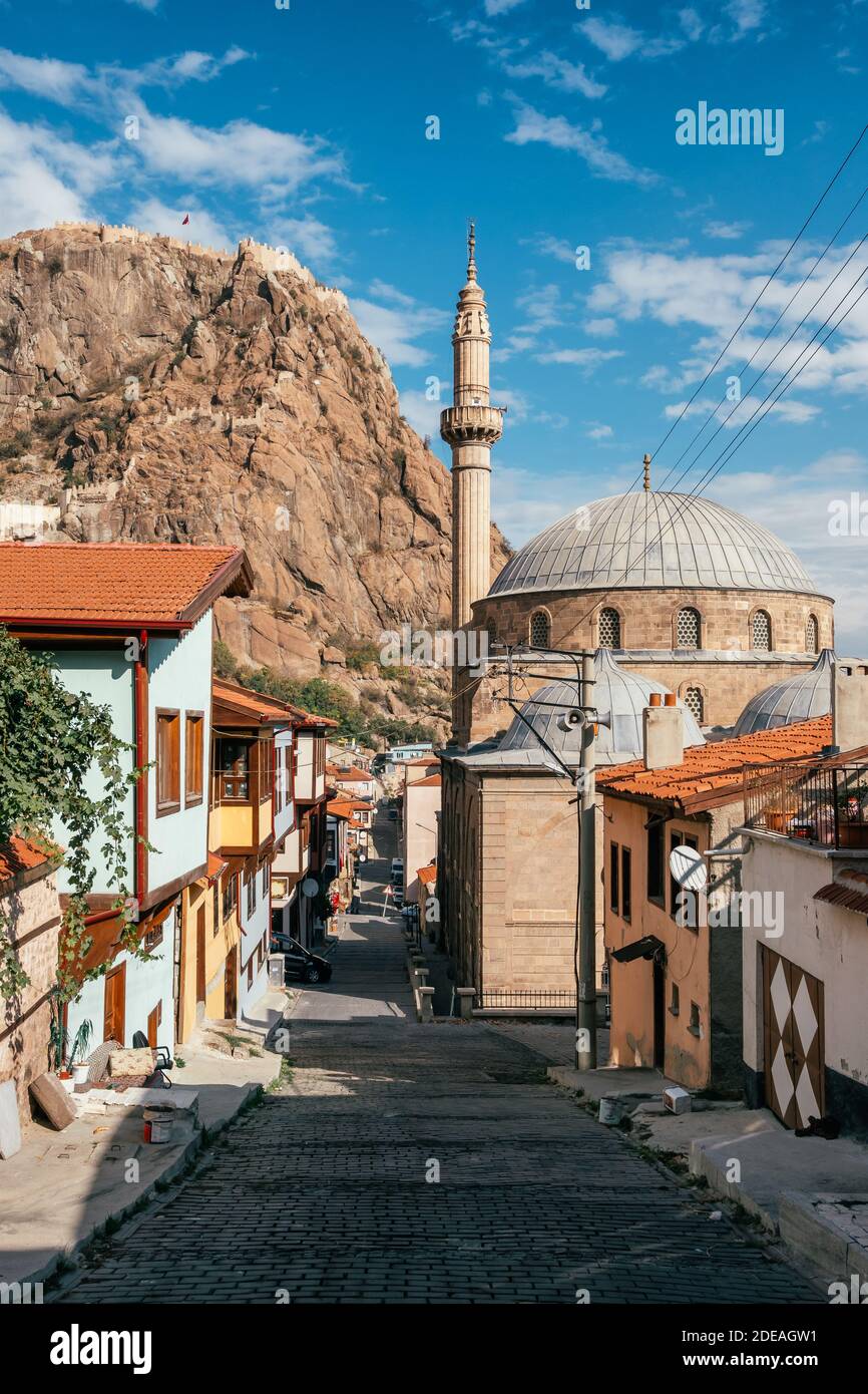 Street with traditional turkish ottoman houses in Afyonkarahisar city ...