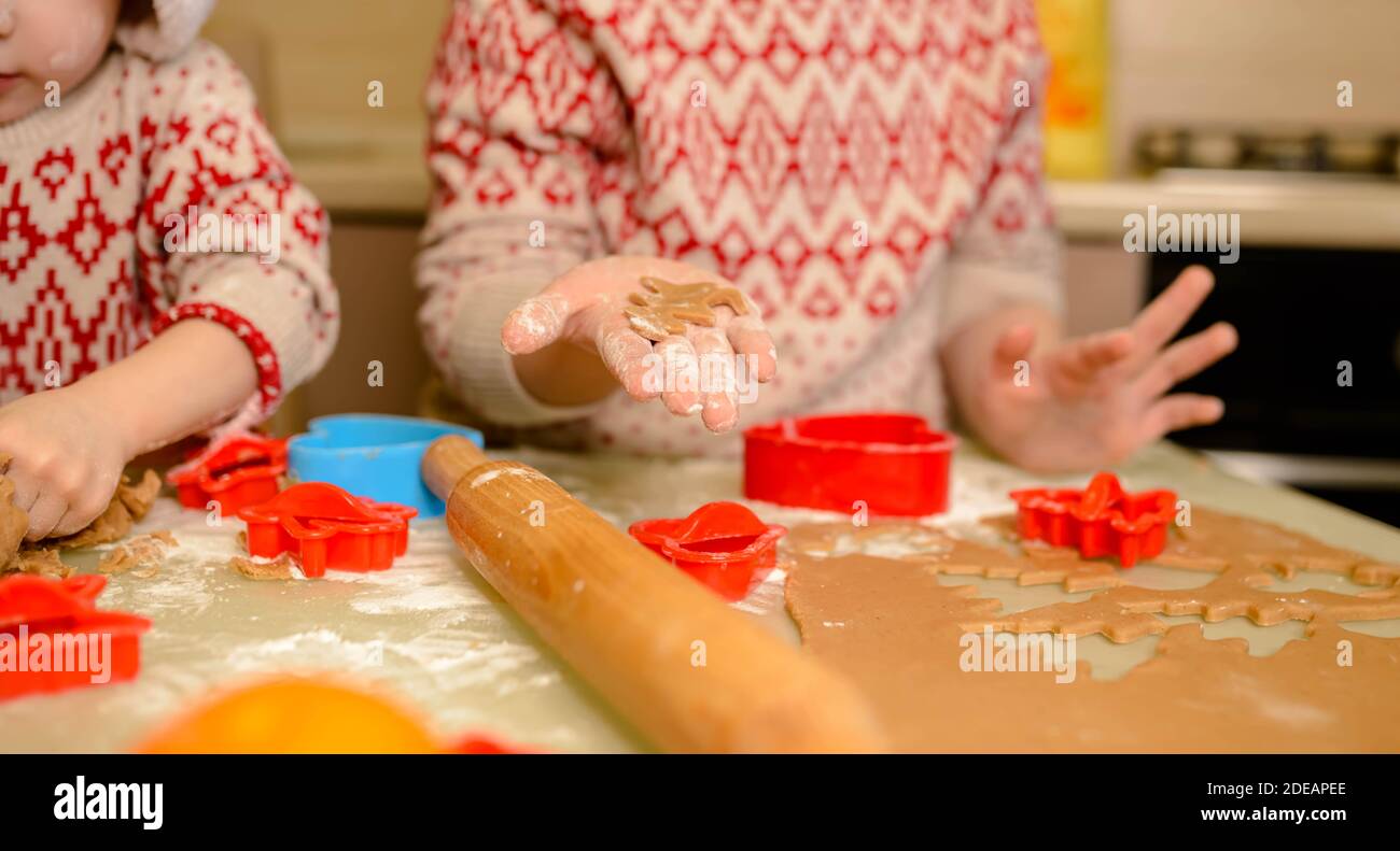 Family cooking sweet cookies together at home using flour and forms ...