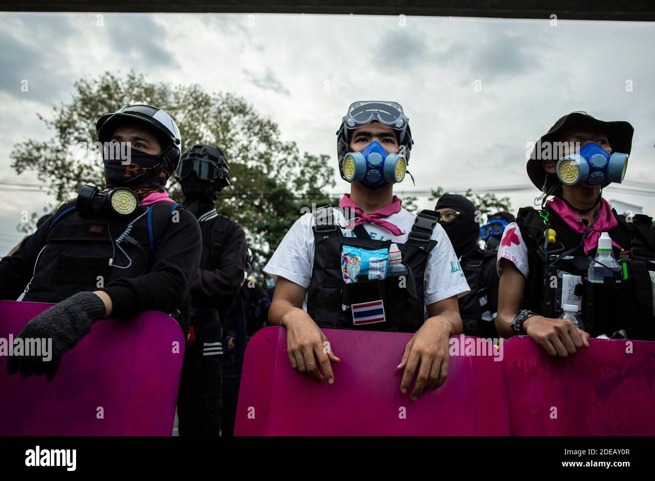 Bangkok, Thailand. 29th Nov, 2020. Protestors stand behind pink riot ...
