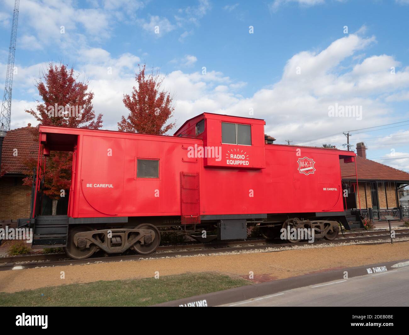 Restored red Missouri-Kansas-Texas, MKT, Line caboose on the tracks in ...