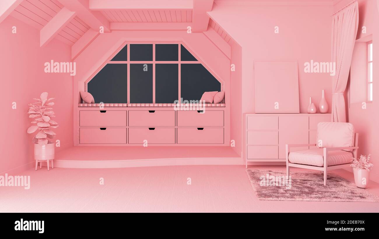 Pastel pink monotone concept living room interior with open space and ...