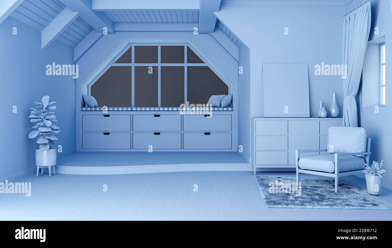 Blue monotone concept living room interior with open space and split ...