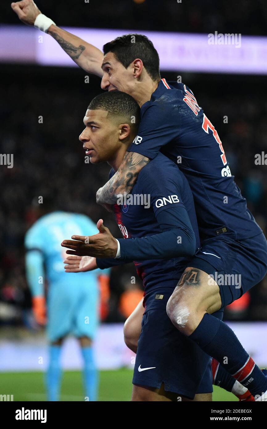 Kylian Mbappe of Paris Saint-Germain celebrates his goal with Angel Di ...