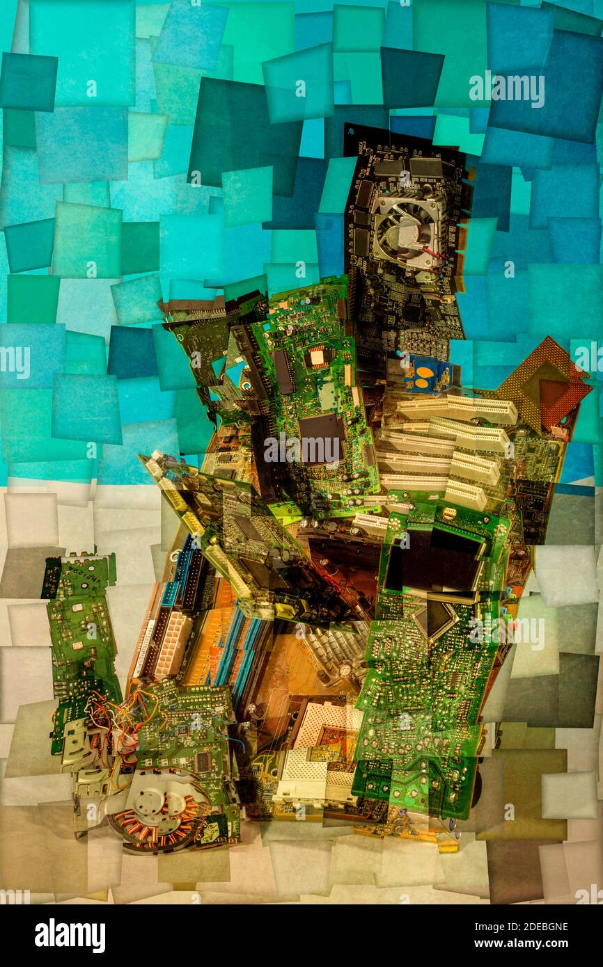 Collage of abstract shapes made of computer circuit boards, stylization ...