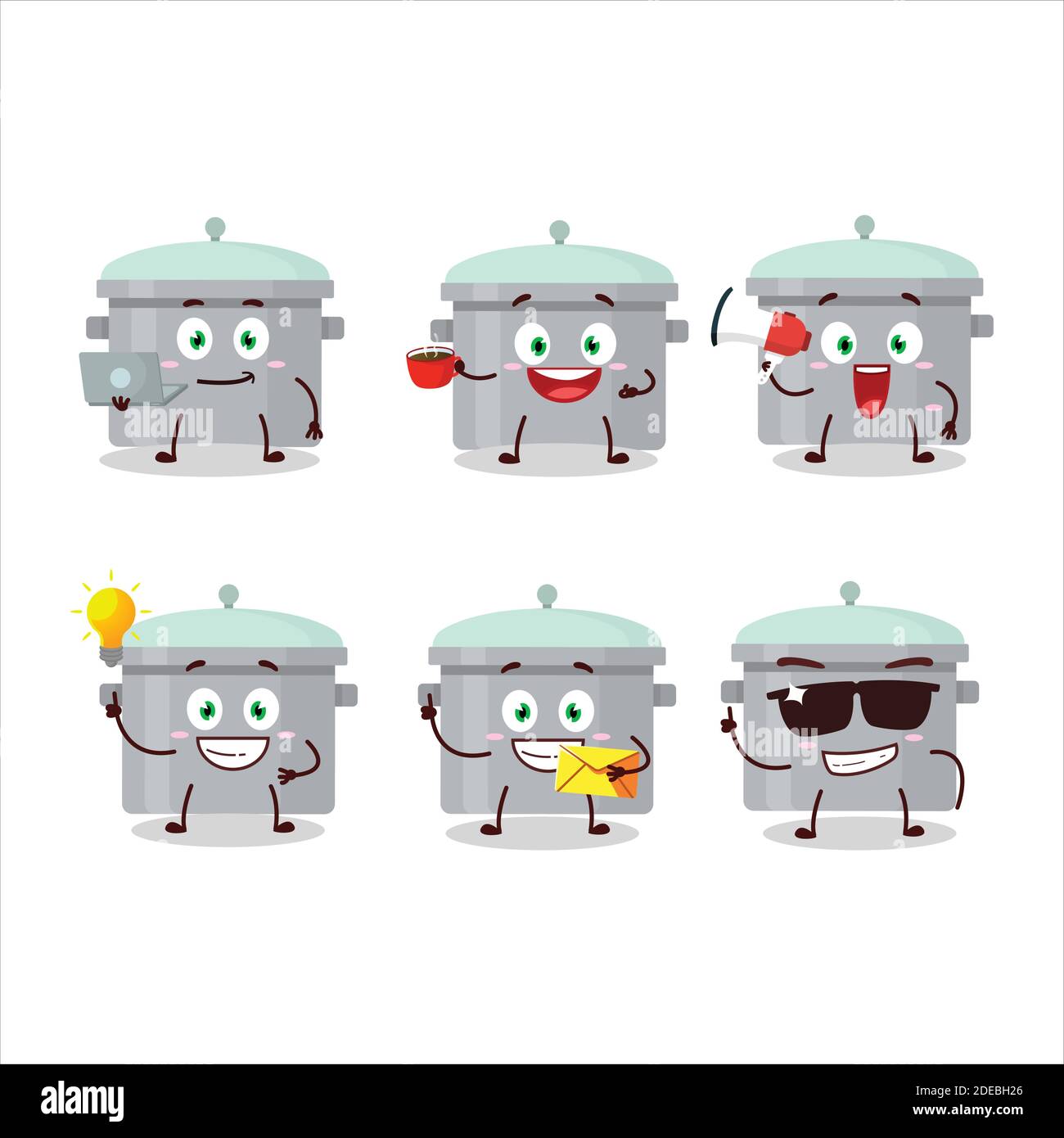 Aluminium grey pan cartoon character with various types of business ...