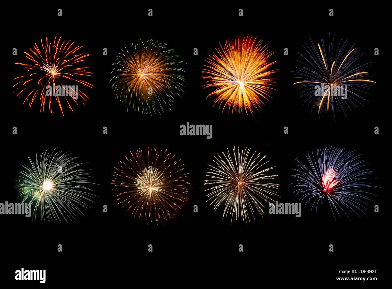 Set of various beautiful sparkling vivid fireworks for holiday ...